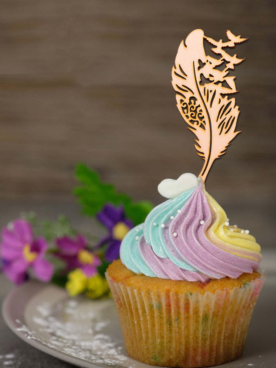 Wooden Feather with Birds Cupcake Topper Muffin Topper for Tea Party ...